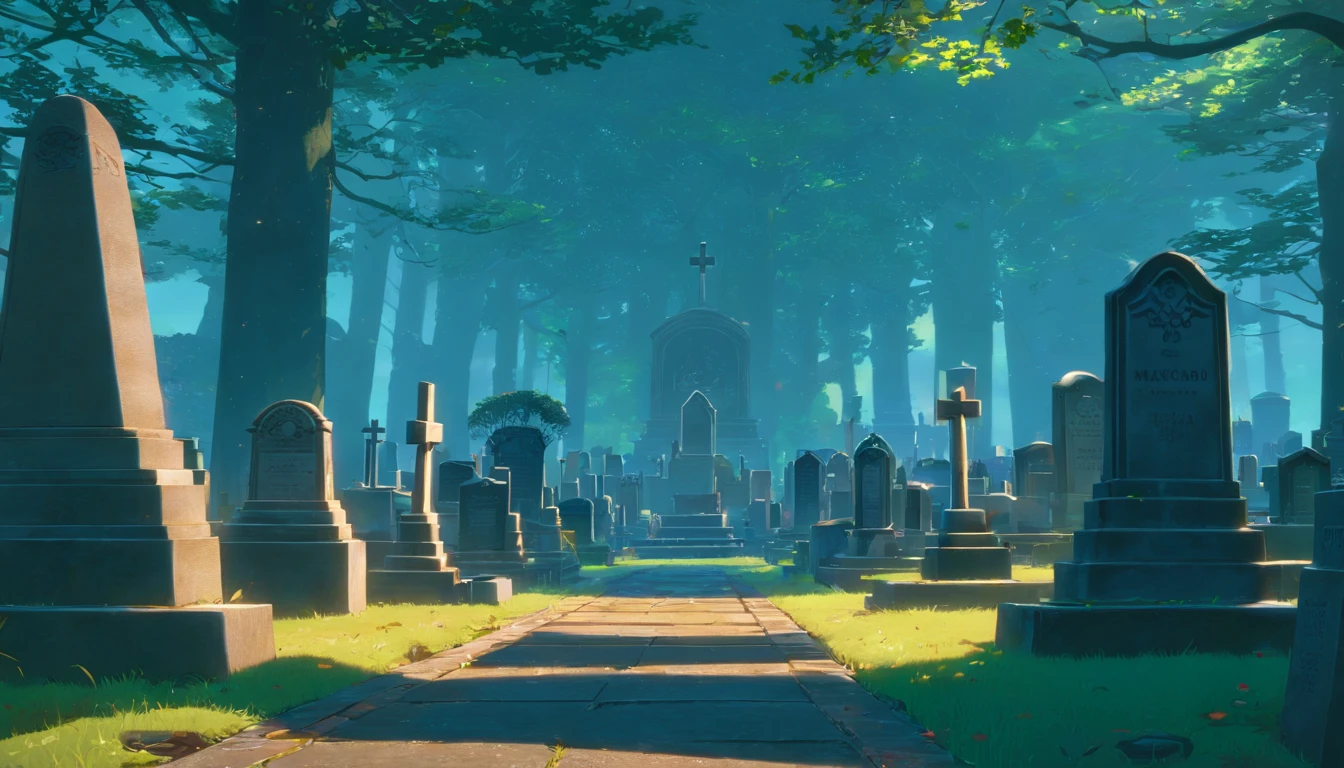 Stable Diffusion Prompt: Tombstones dot a serene cemetery landscape, evoking reflection