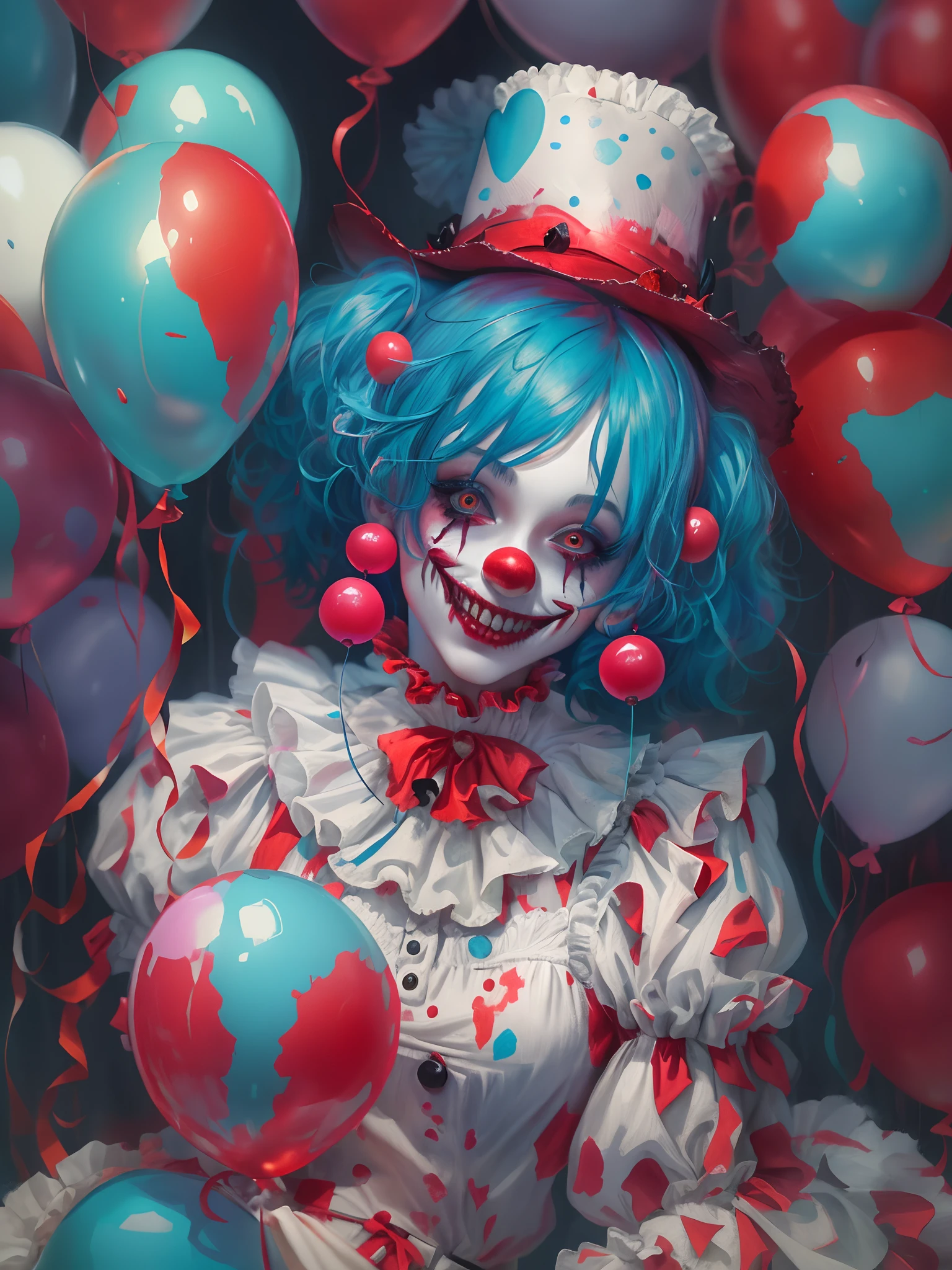 Stable Diffusion Prompt: A close up of a clown with blue hair and clown ...