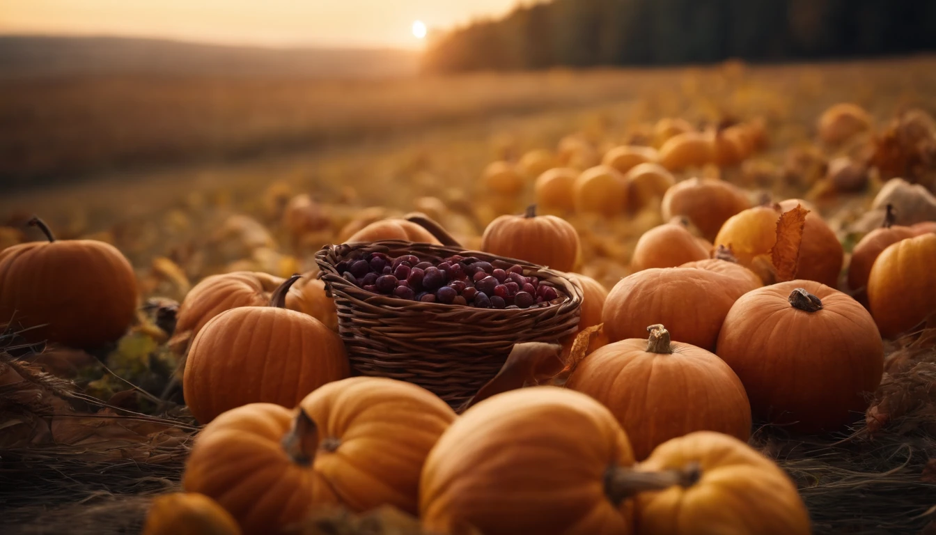 Stable Diffusion Prompt: Pumpkin basket in a pumpkin patch, perfect for fall harvest scenes