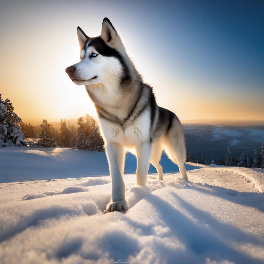 Stable Diffusion Prompt: Arafed's husky stands in snow at sunset ...