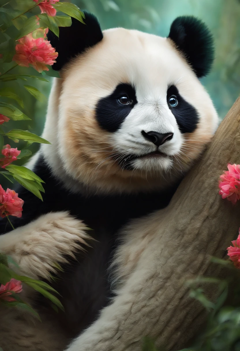 Stable Diffusion Prompt: Panda bear sitting among flowers, gazing at the camera confidently