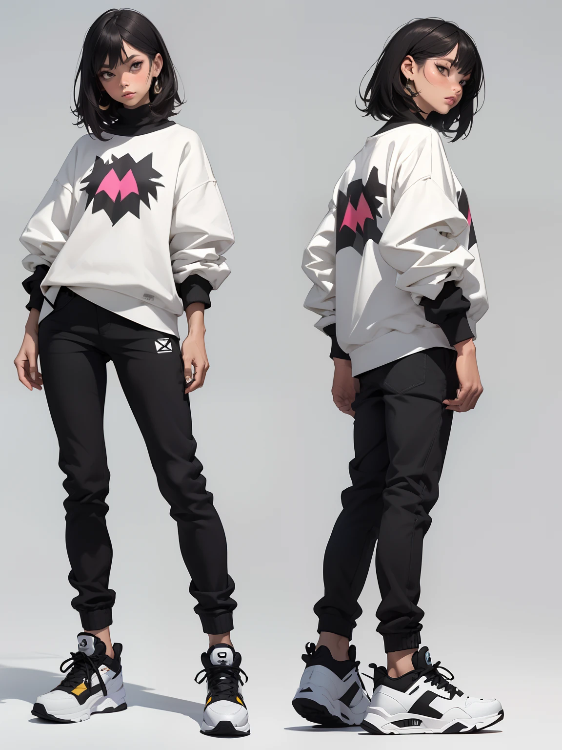 Stable Diffusion Prompt: Woman in white sweatshirt, black pants with ...