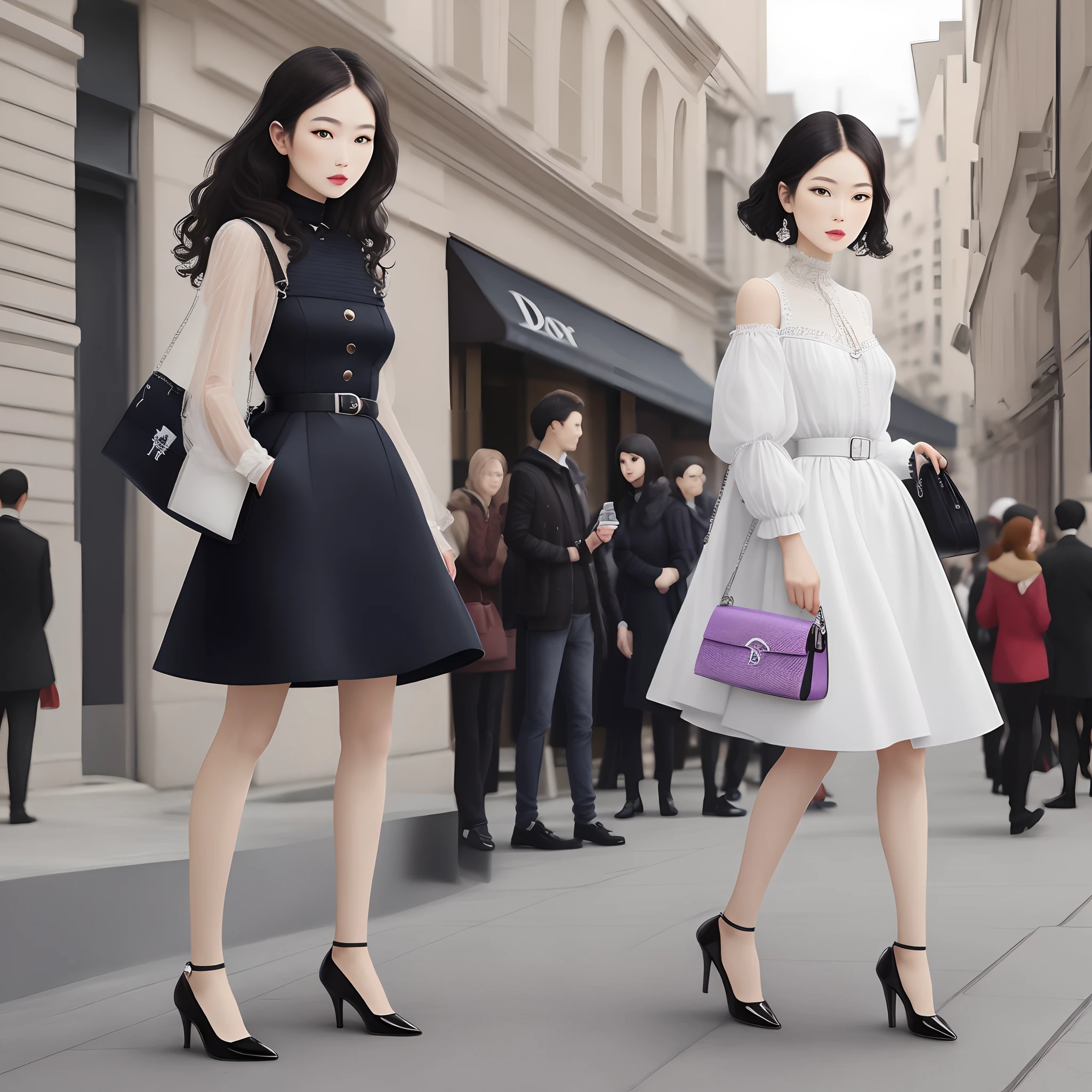 Stable Diffusion Prompt: Two women in dresses and heels strolling down ...