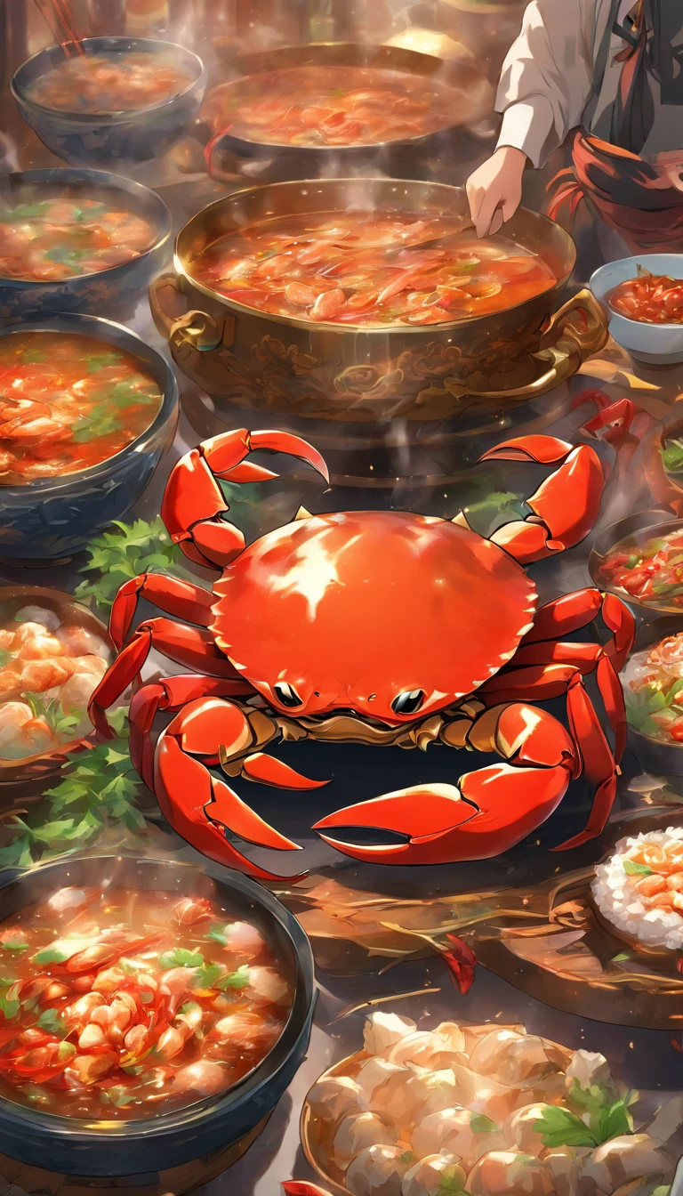 Stable Diffusion Prompt: Crab on table among various bowls of food ...