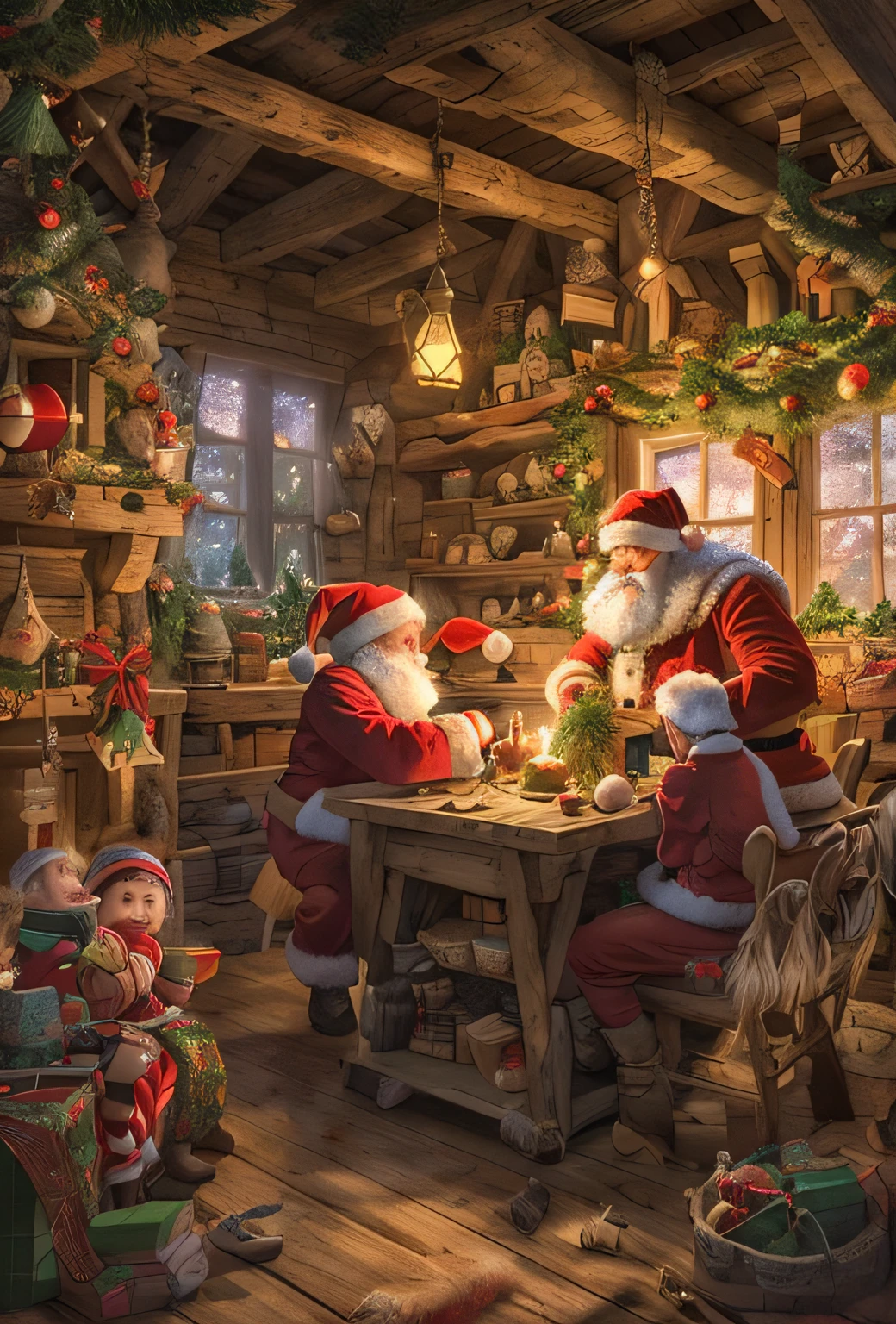 Stable Diffusion Prompt: Santa and elves gather at cabin table, holiday ...