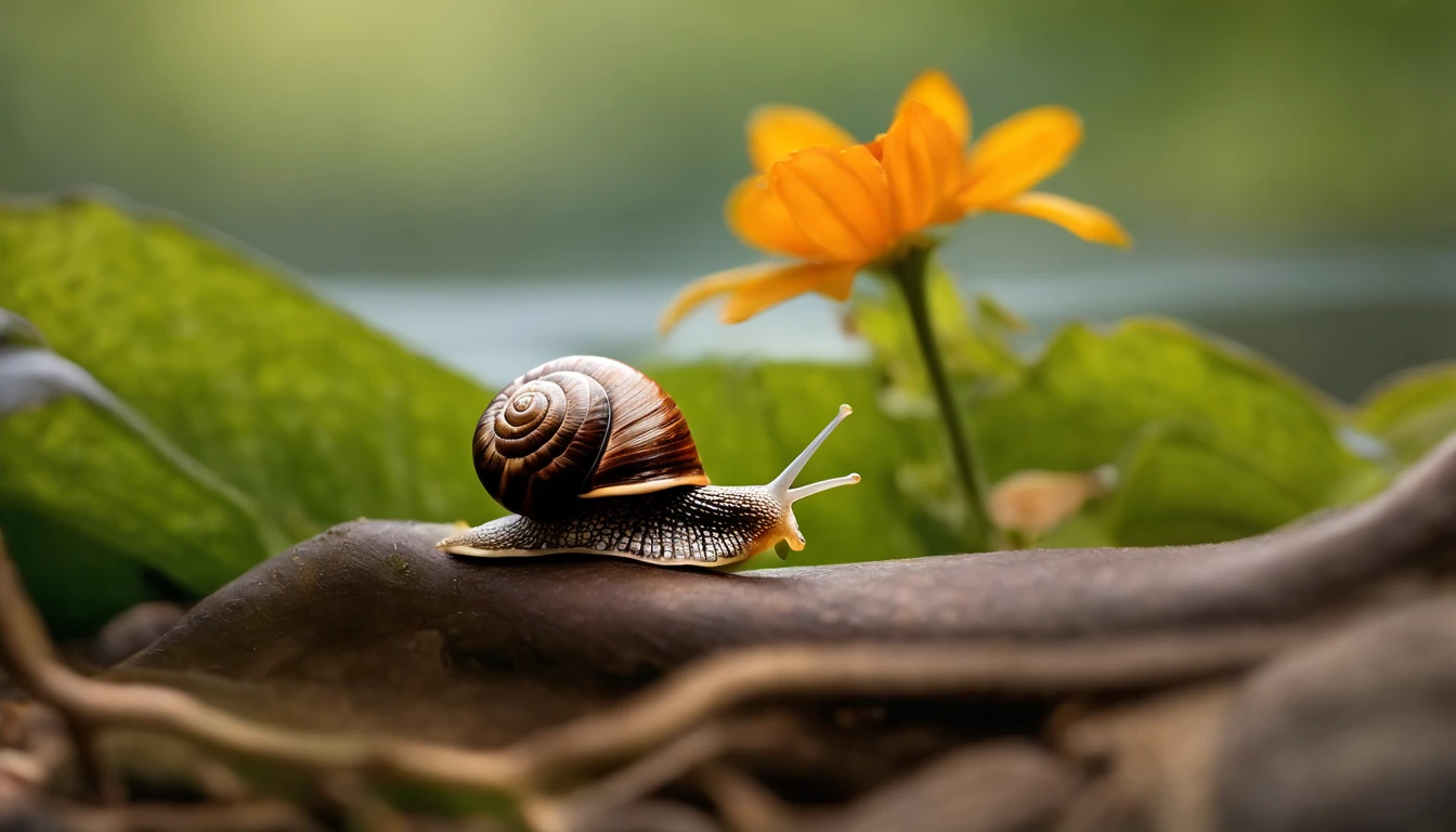 Stable Diffusion Prompt: Snail sitting on a rock beside a flower, nature's slow beauty