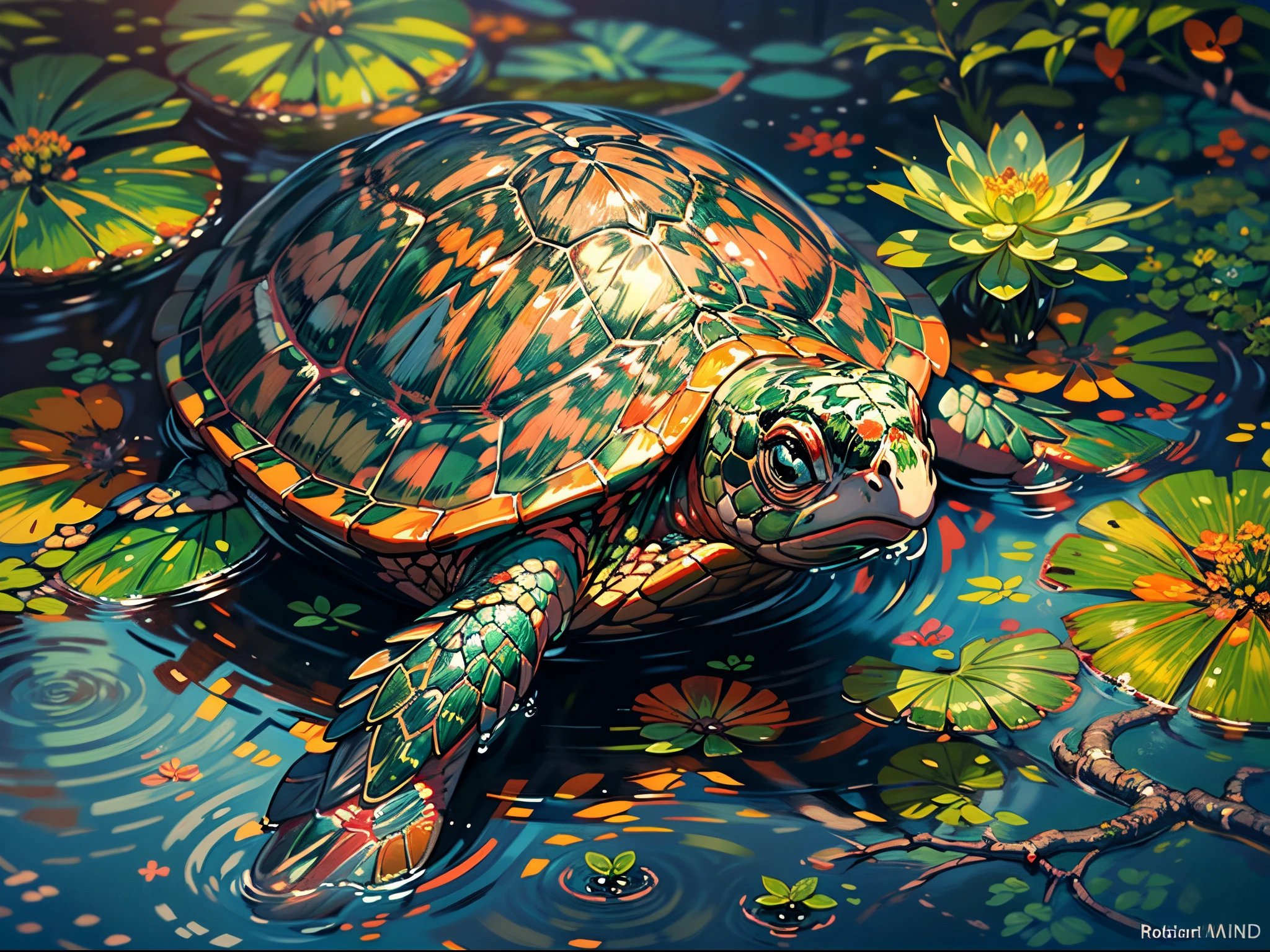 Stable Diffusion Prompt: Calm turtle scene with lily pads and vibrant ...