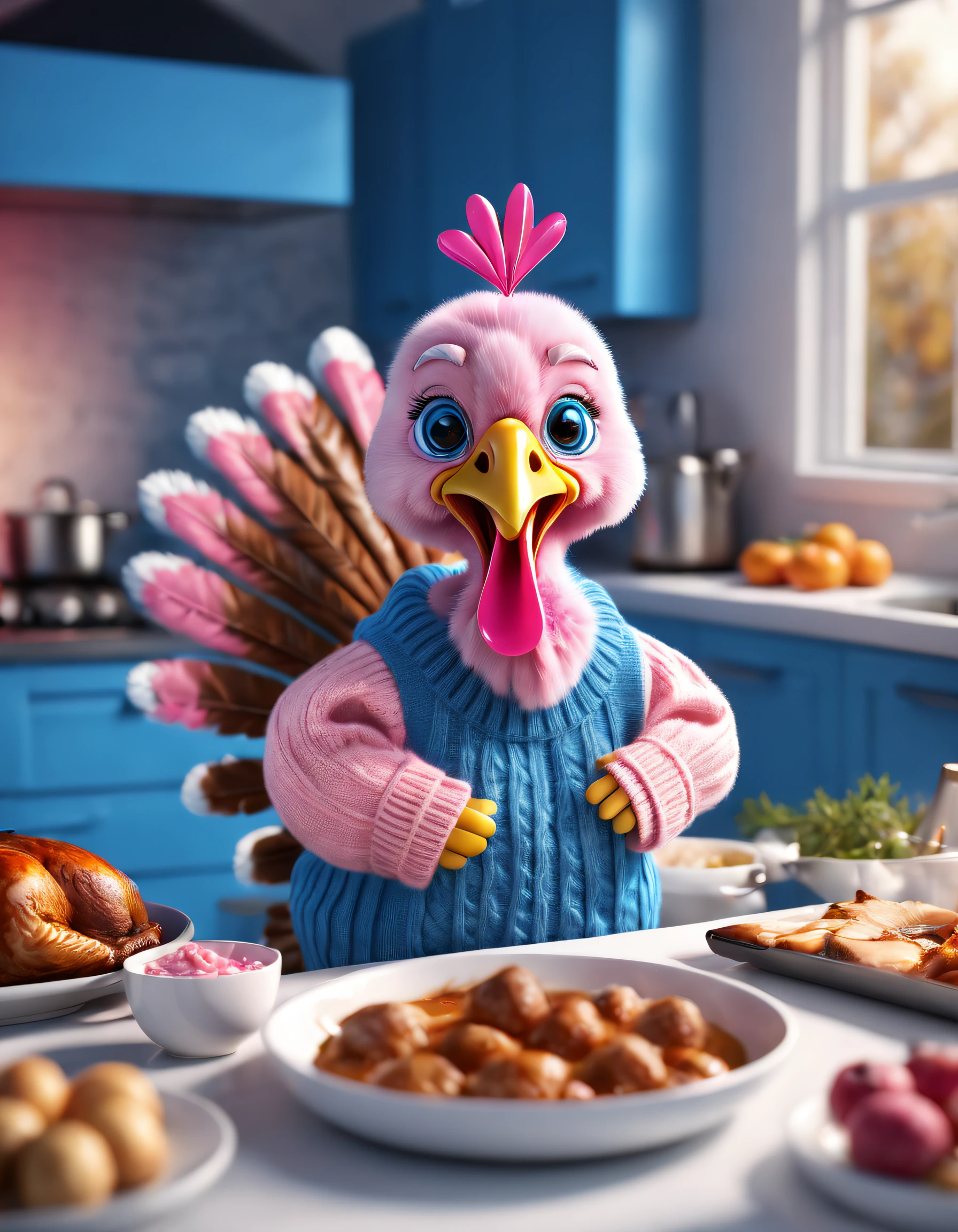 Stable Diffusion Prompt: Turkey in sweater stands by feast—perfect ...