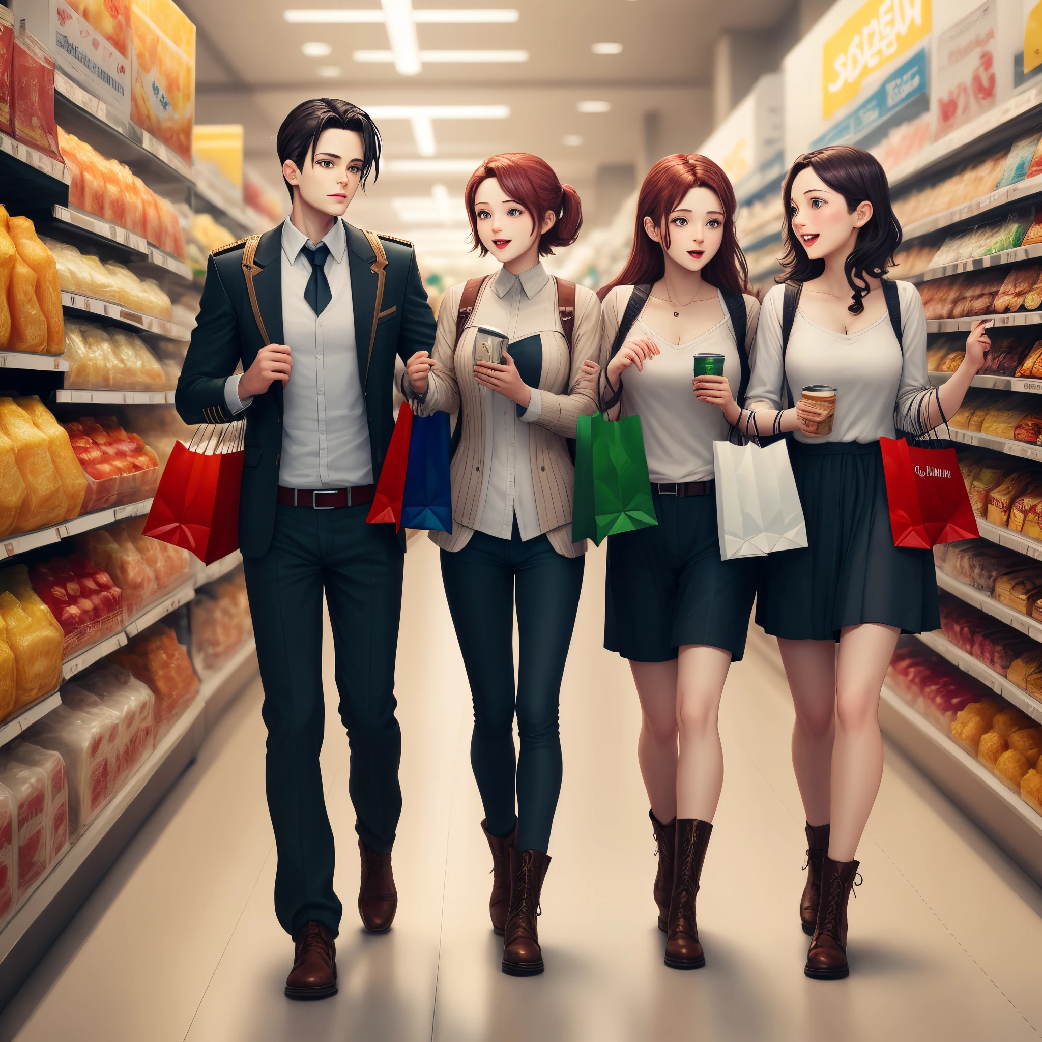 Stable Diffusion Prompt: Three shoppers with bags walk through ...