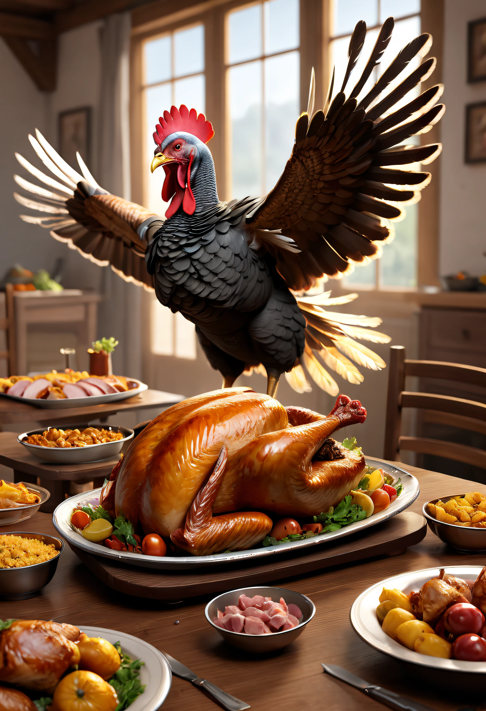Stable Diffusion Prompt: Giraffe stands on table beside turkey and ...