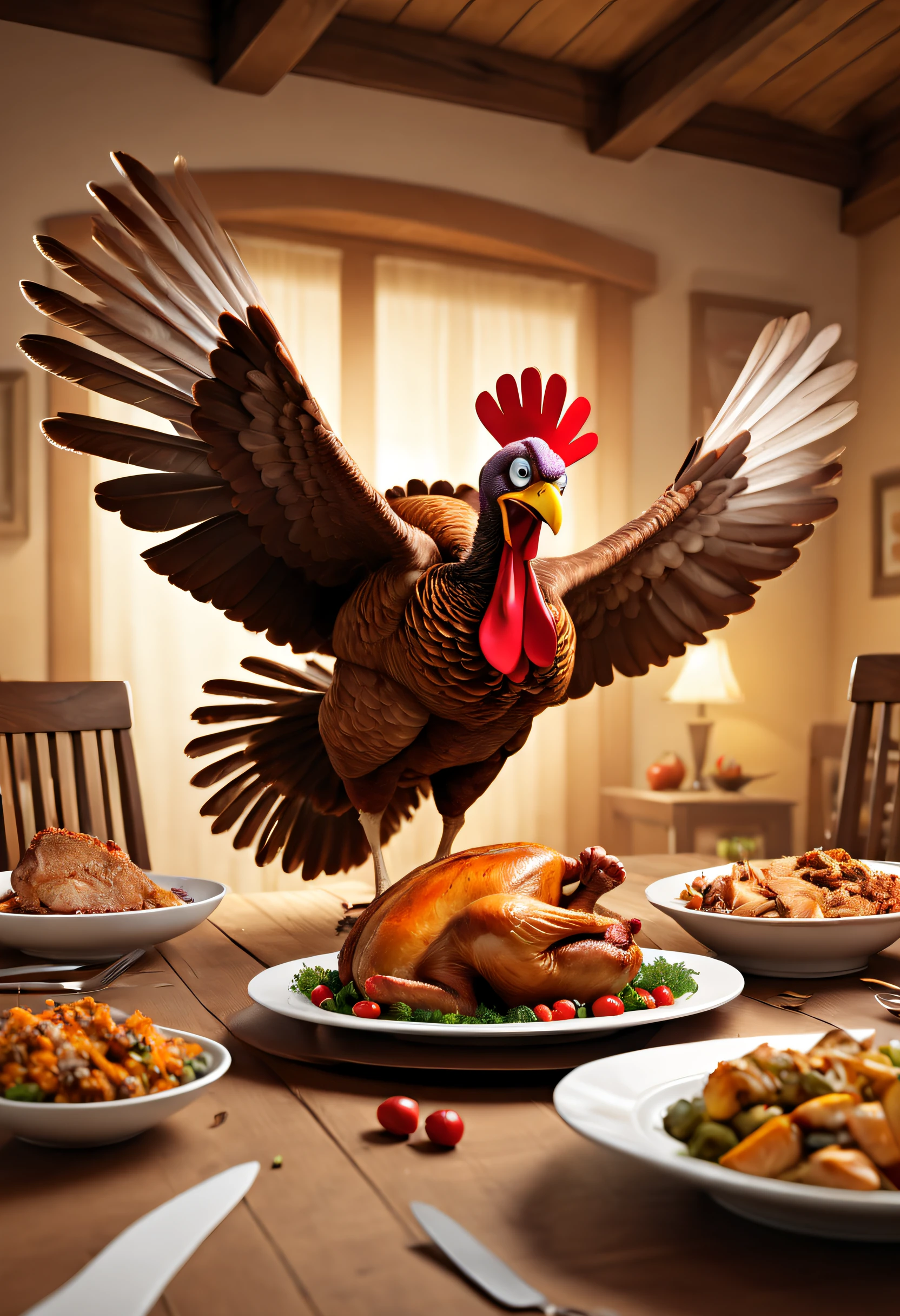 Stable Diffusion Prompt: Araffe standing on a table with a turkey on it ...