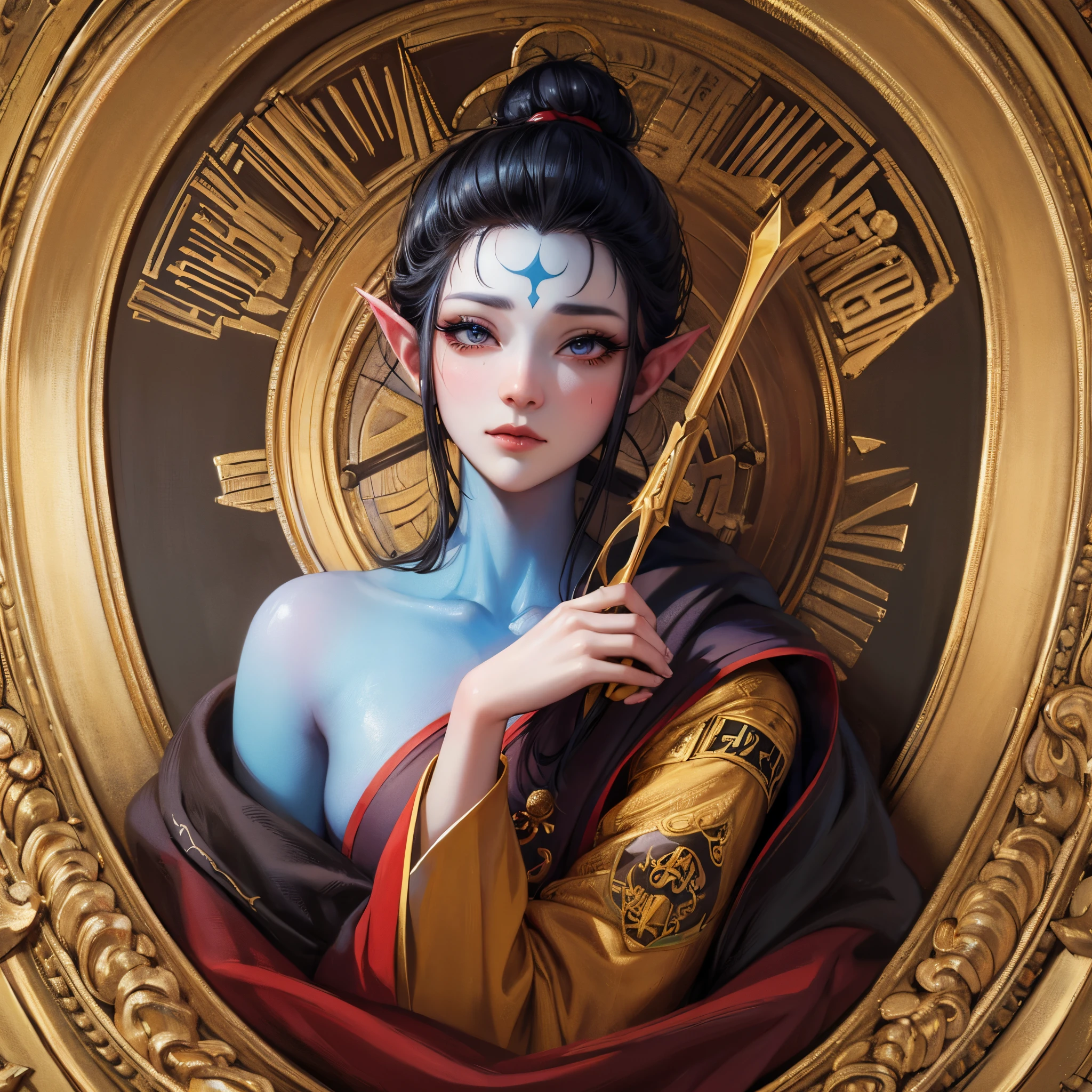 Stable Diffusion Prompt: Stunning woman with sword framed in gold elegance