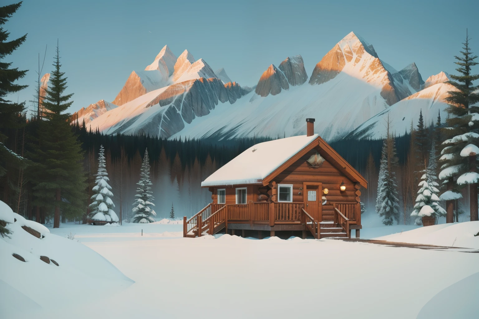 Stable Diffusion Prompt: Cozy snowy cabin in mountains with stunning ...