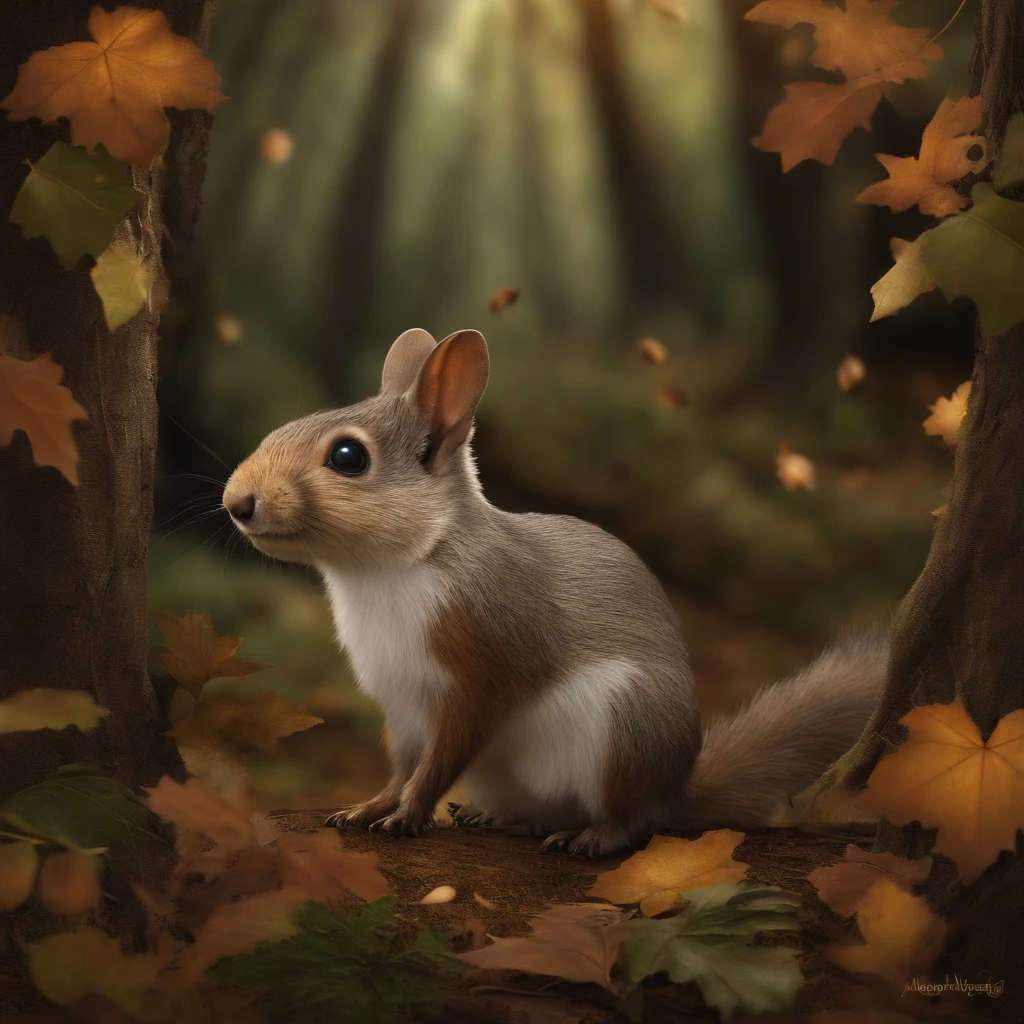 Stable Diffusion Prompt: Close-up of a squirrel in forest leaves, nature photography