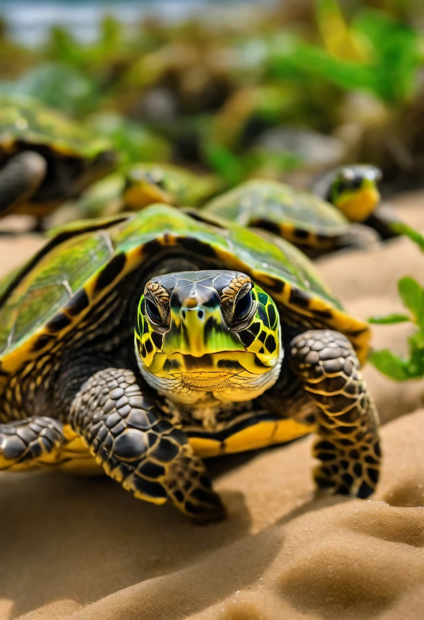Stable Diffusion Prompt: Calm turtle resting on sandy beach shore