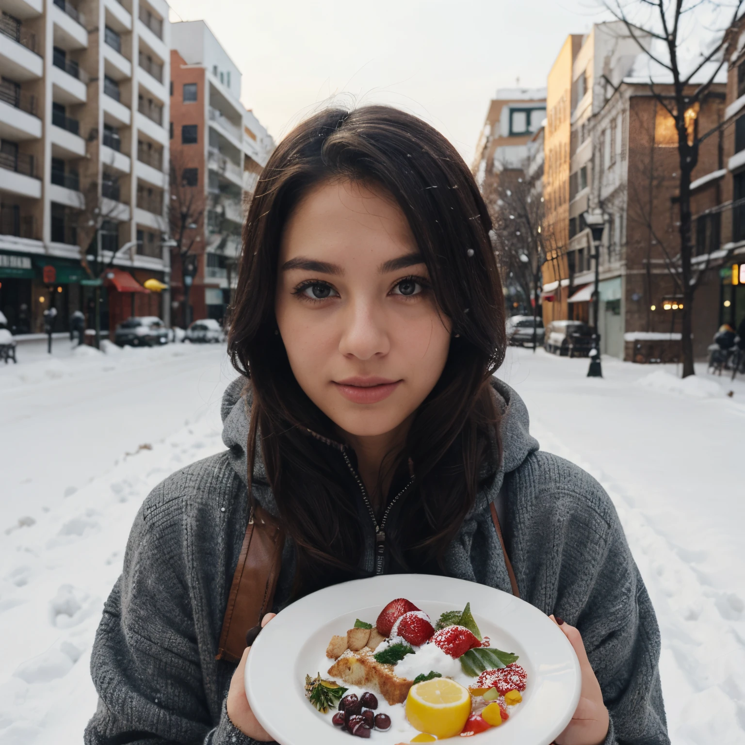 Stable Diffusion Prompt: Woman serves food in snow outside a beautiful ...