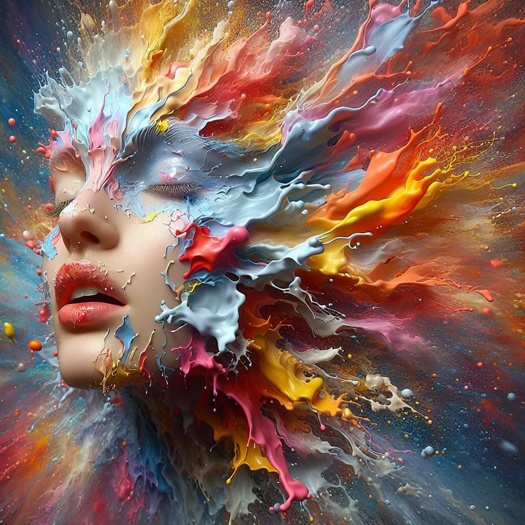 Stable Diffusion Prompt: Woman's face with vibrant paint, submerged in colorful art