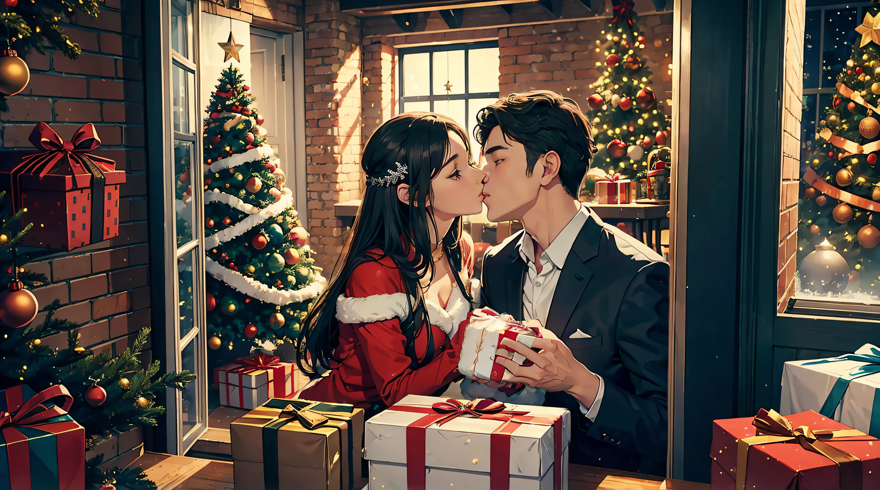 Stable Diffusion Prompt: Two people kiss beside a festive Christmas tree, holiday romance