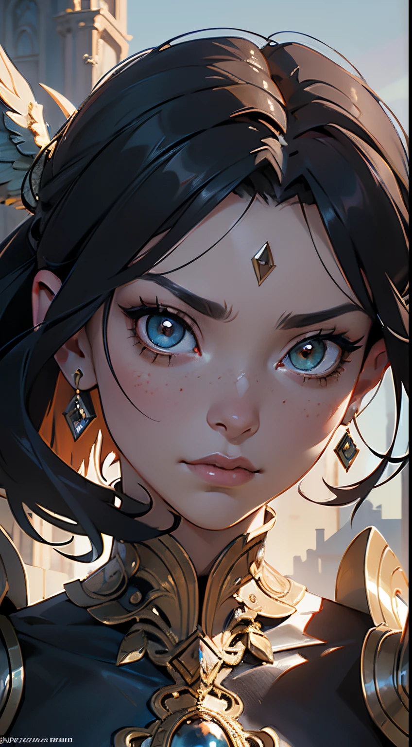 Stable Diffusion Prompt: Woman with blue eyes and gold necklace close ...