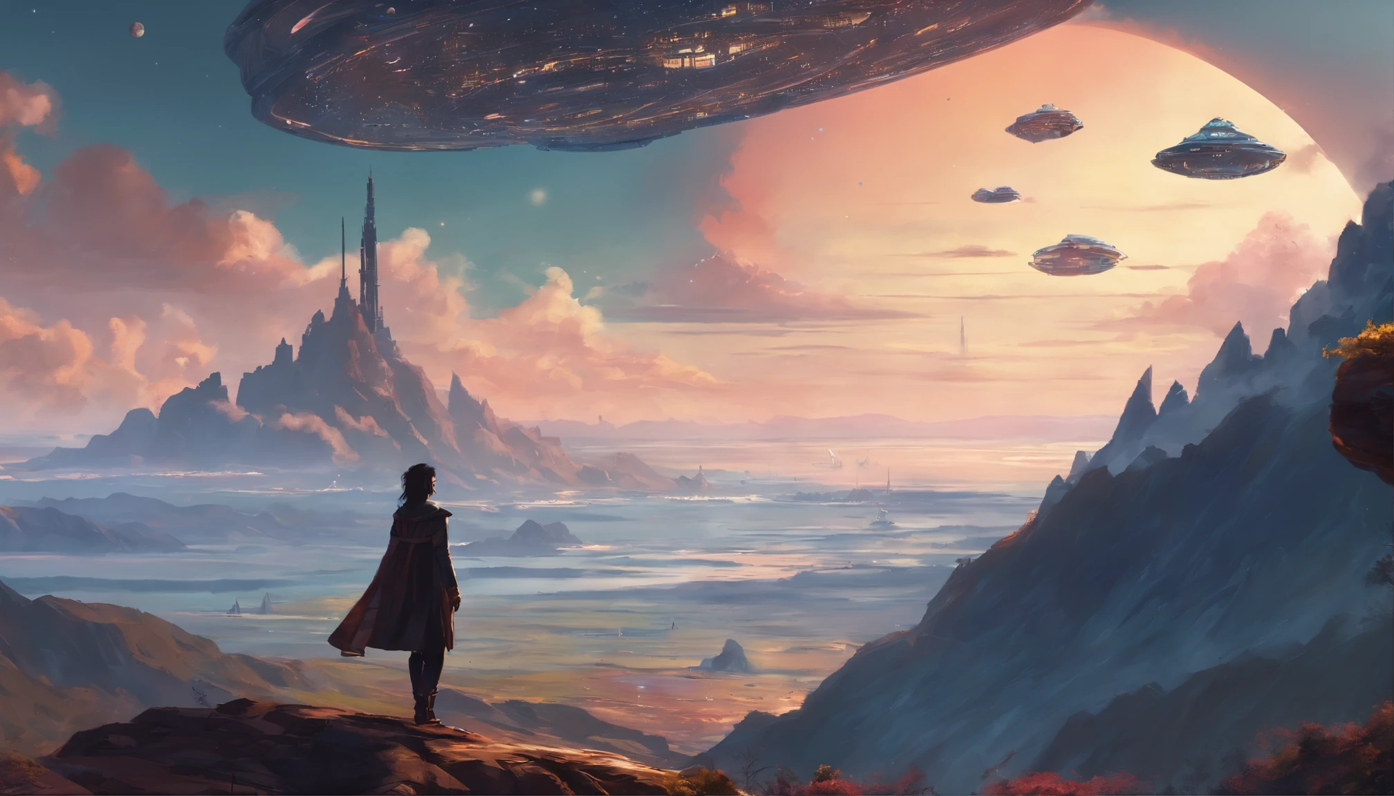 Stable Diffusion Prompt: A man standing on a mountain looking at a ...