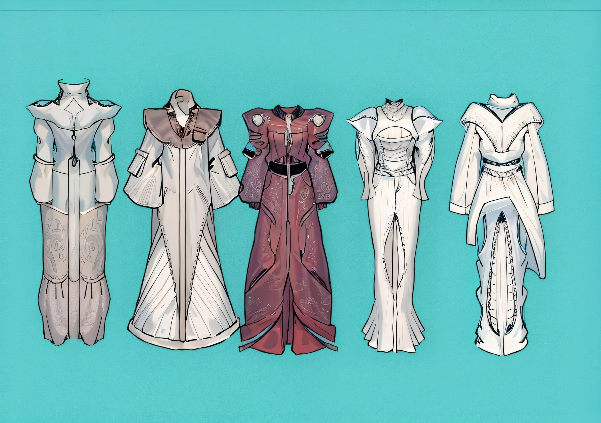 Stable Diffusion Prompt: A group of dresses are lined up on a blue ...