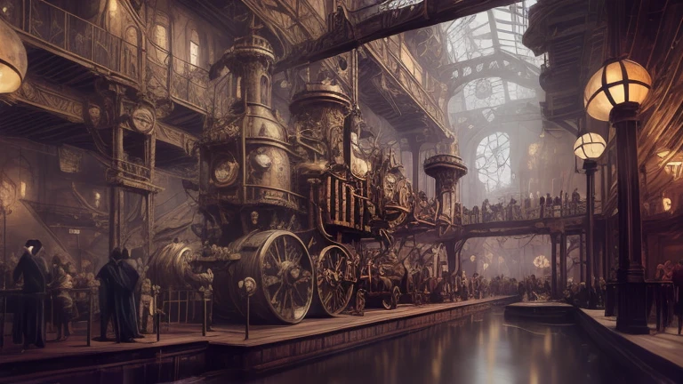 Stable Diffusion Prompt: Explore a Victorian steampunk city with a train indoors!