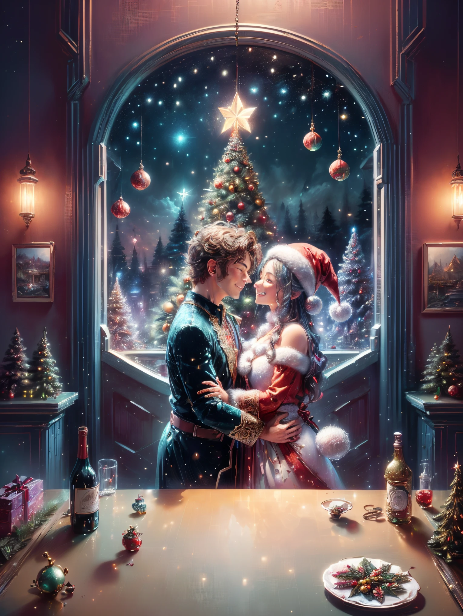 Stable Diffusion Prompt: Couple kissing by a Christmas tree in festive ...