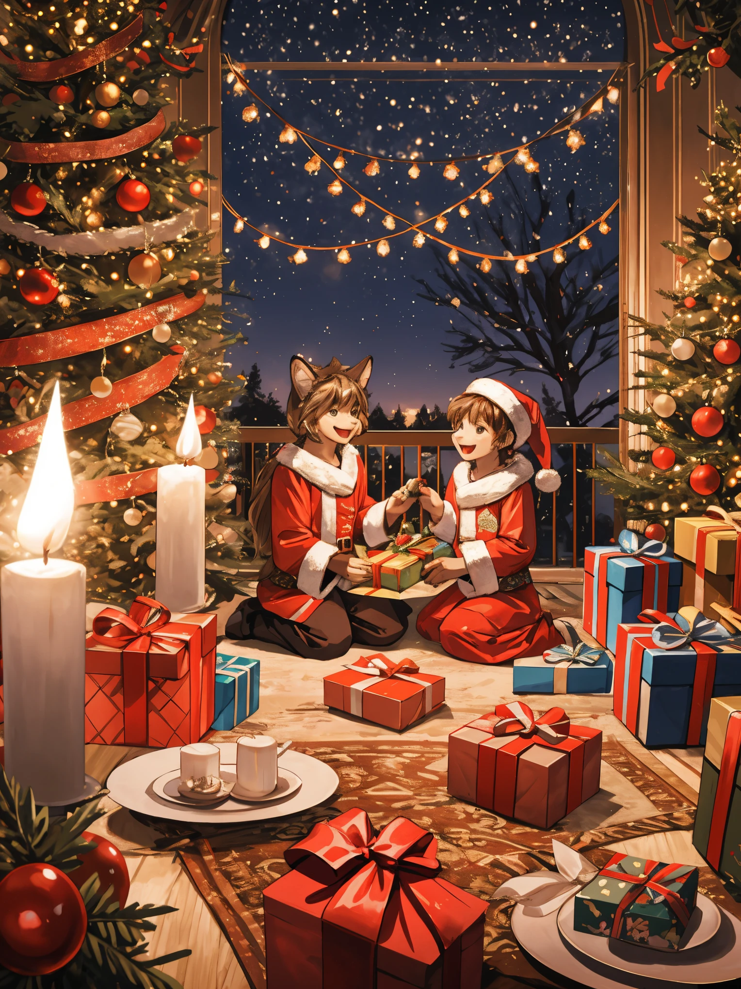 Stable Diffusion Prompt: Christmas scene with two cats sitting on a ...
