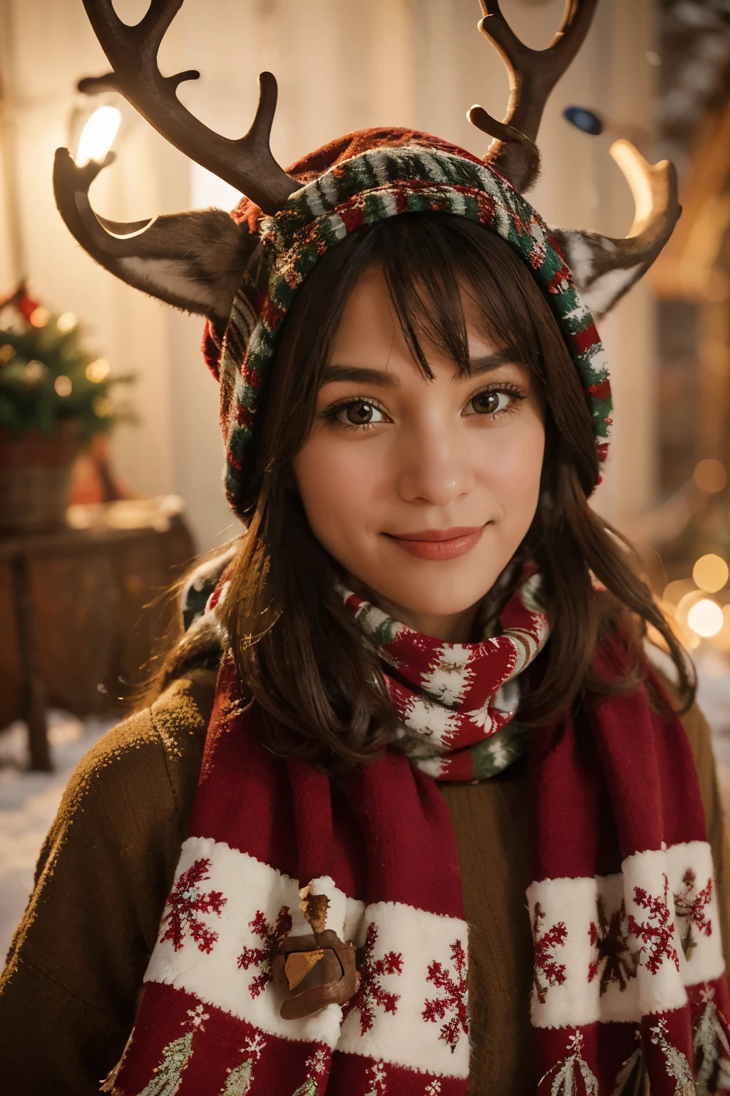 Stable Diffusion Prompt: Woman in reindeer hat and scarf, cozy holiday ...