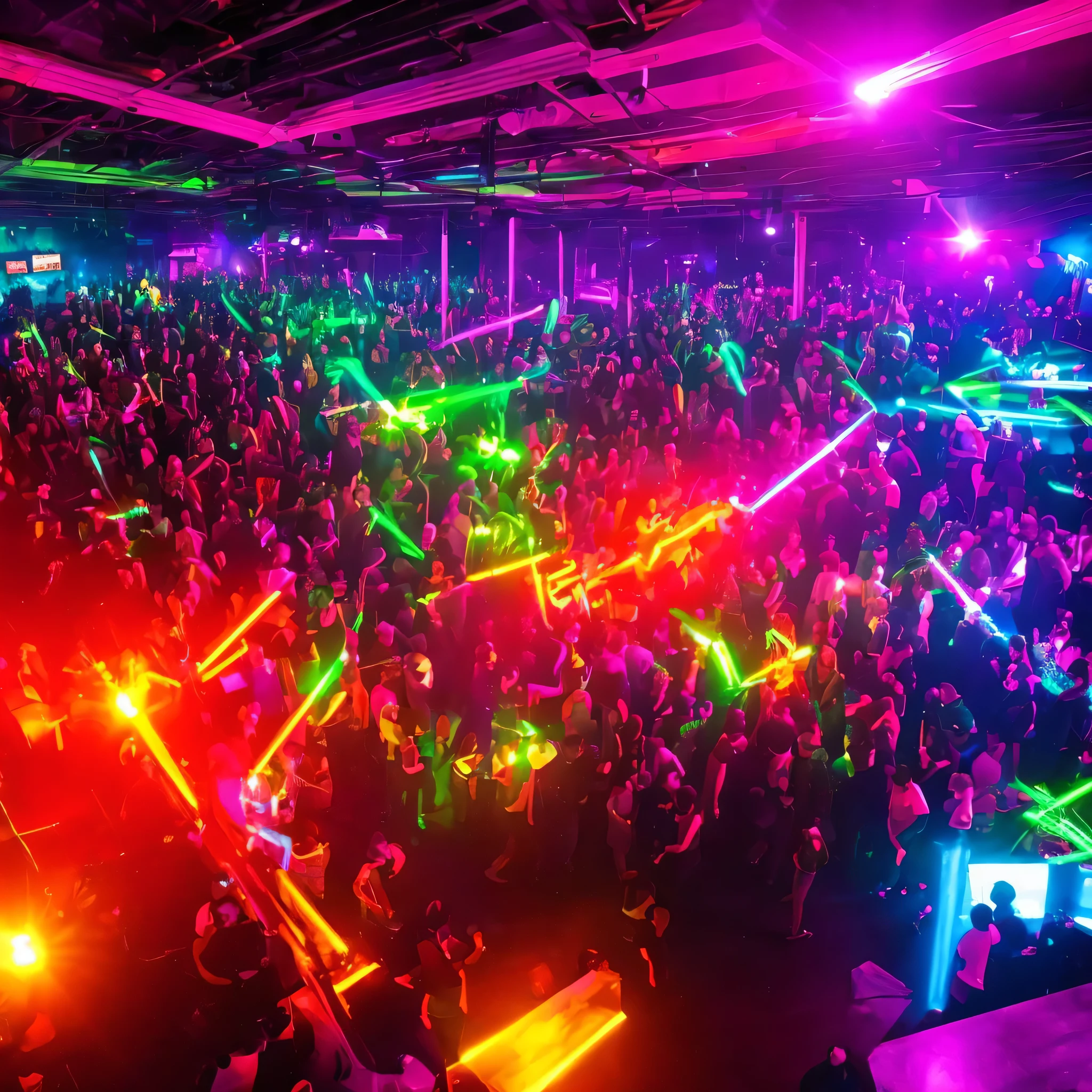 Stable Diffusion Prompt: Crowd gathers at neon-lit nightclub for lively nightlife experience