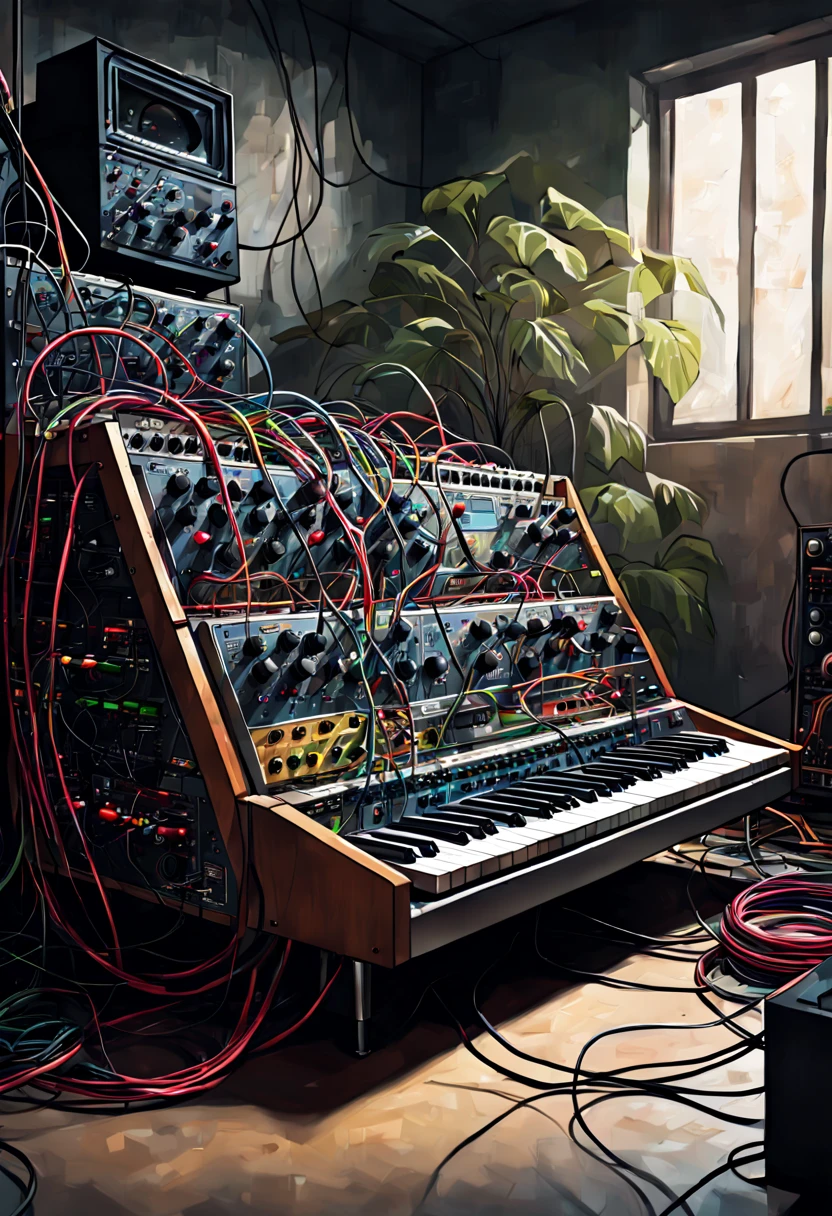 Stable Diffusion Prompt: Colorful modular synthesizer with quirky shape and vibrant cables ...