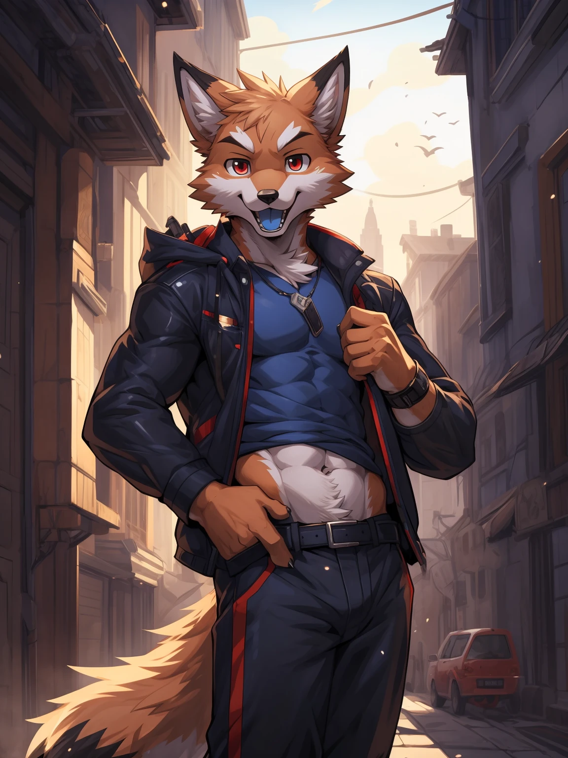 Stable Diffusion Prompt: Anthro fox with blue pawpads, tongue, and canine features, mammal