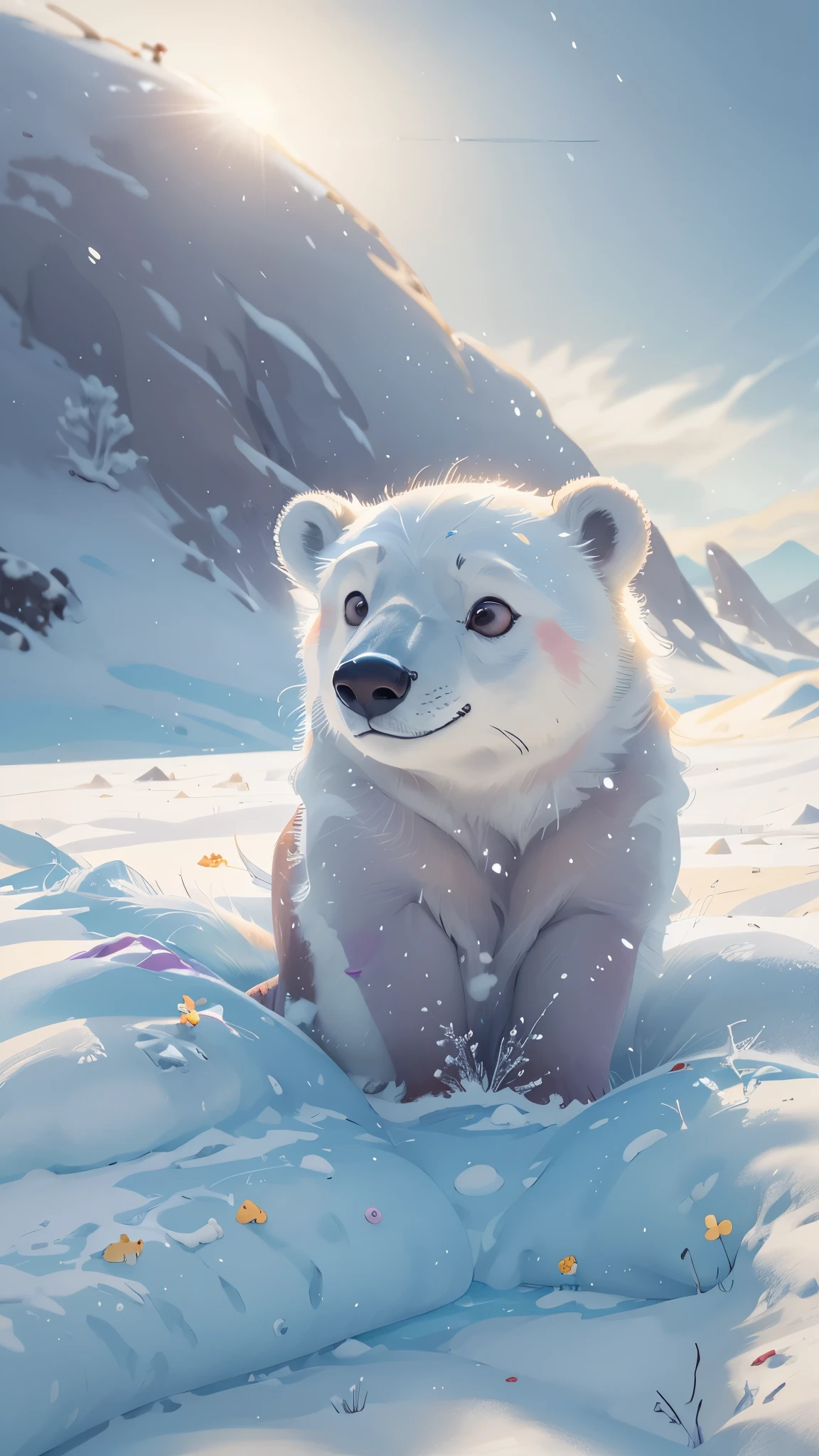 Stable Diffusion Prompt: Polar bear resting in snow with mountains backdrop