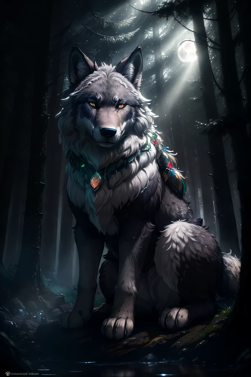 Stable Diffusion Prompt: A wolf with a collar sitting in the woods at night