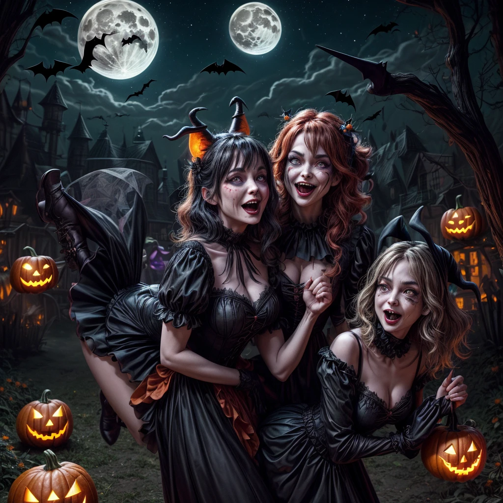 Stable Diffusion Prompt: High-res Looney Tunes witches fly through a vibrant pumpkin patch