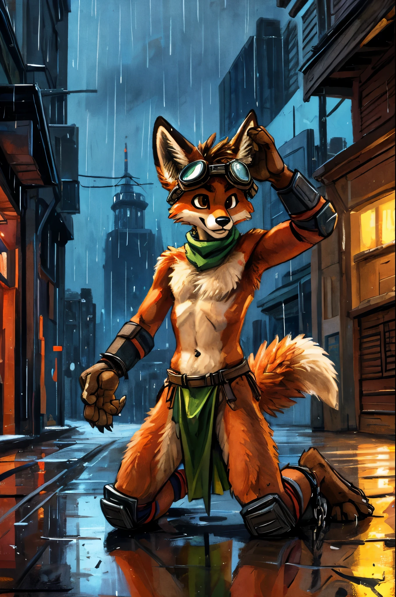 Stable Diffusion Prompt: Colorful fox with goggles sitting on ground, vibrant wildlife art