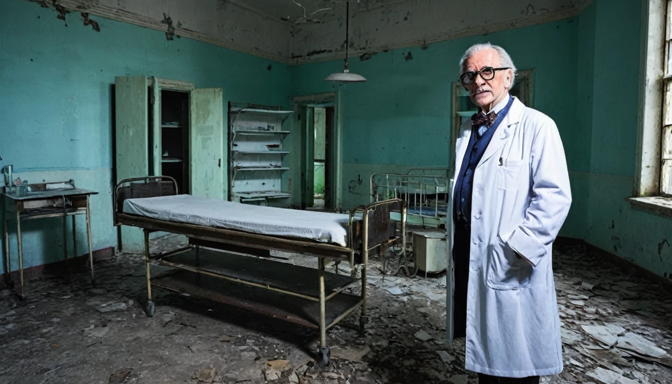Stable Diffusion Prompt: Old Doctor in Abandoned Hospital