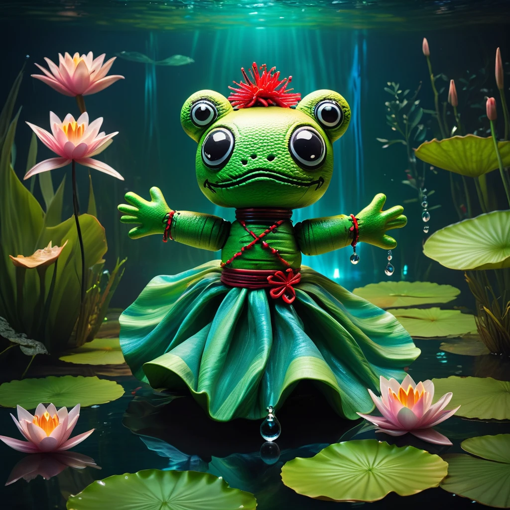 Stable Diffusion Prompt: Mini knitted voodoo doll and Voodoo Frog Water Master collectibles