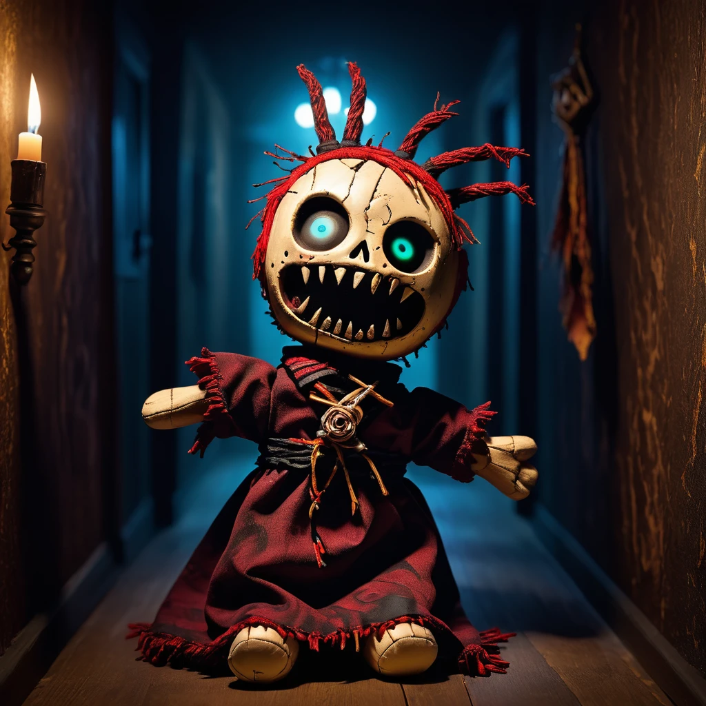 Stable Diffusion Prompt: (knitted toy voodoo doll:1.5), (Voodoo Scream of Horror:1.3)