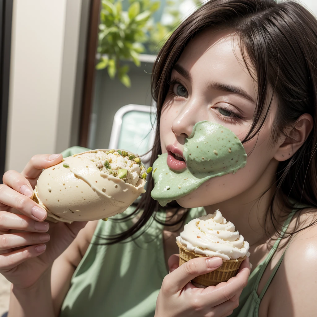 Stable Diffusion Prompt: eating pistachio ice cream