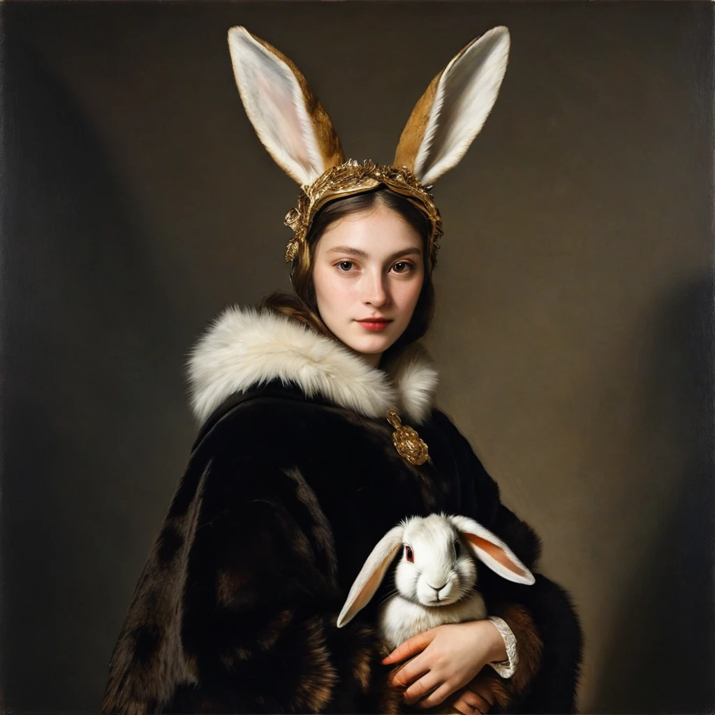 Stable Diffusion Prompt: Young woman in fur, bird mask, and rabbit ears ...