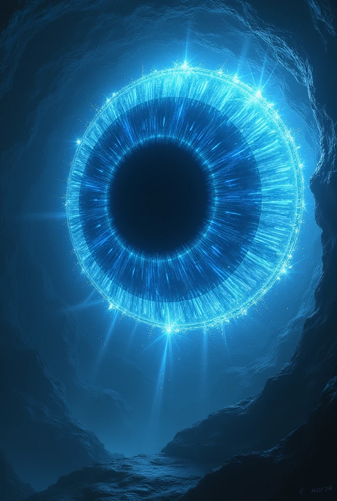 Stable Diffusion Prompt: Giant blue glowing eye in a 4d shape with geometric patterns in space