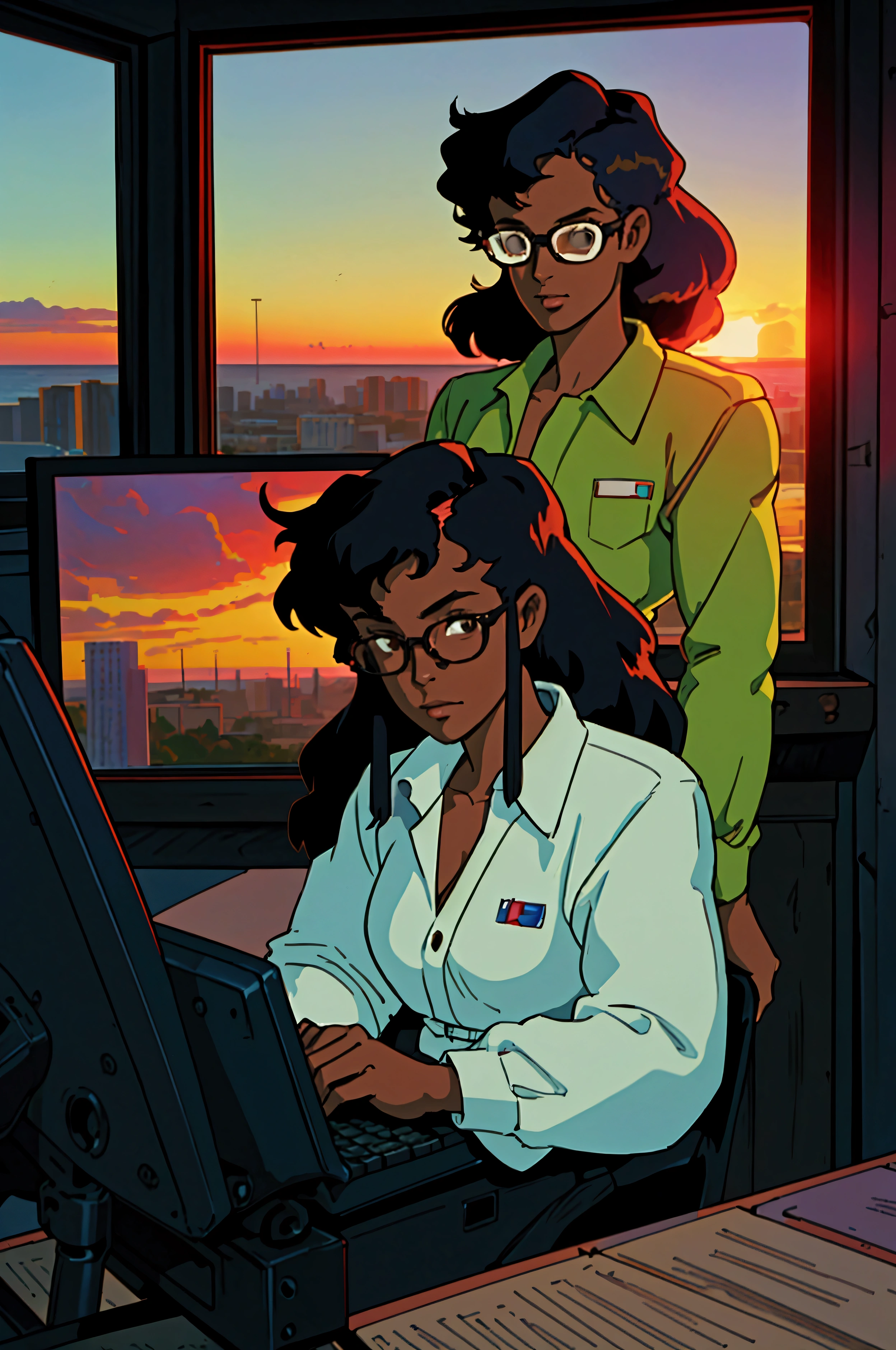 Stable Diffusion Prompt: Anime characters in a computer room with city ...