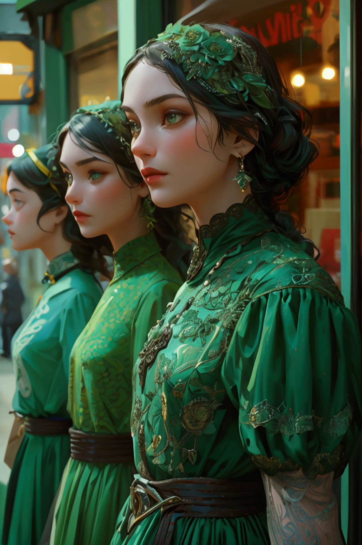 Stable Diffusion Prompt: Girls in green dresses outside store for new ...