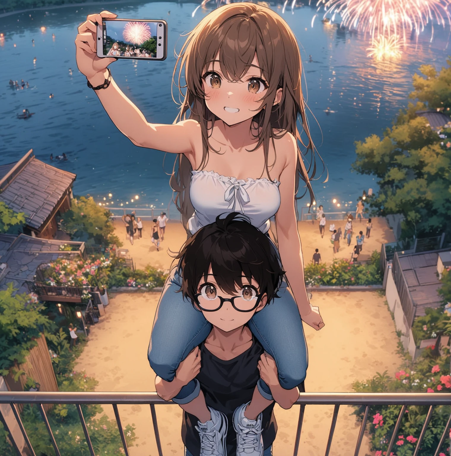 Stable Diffusion Prompt: Best quality, masterpiece, shoulder carry, boy wearing glasses carry ...