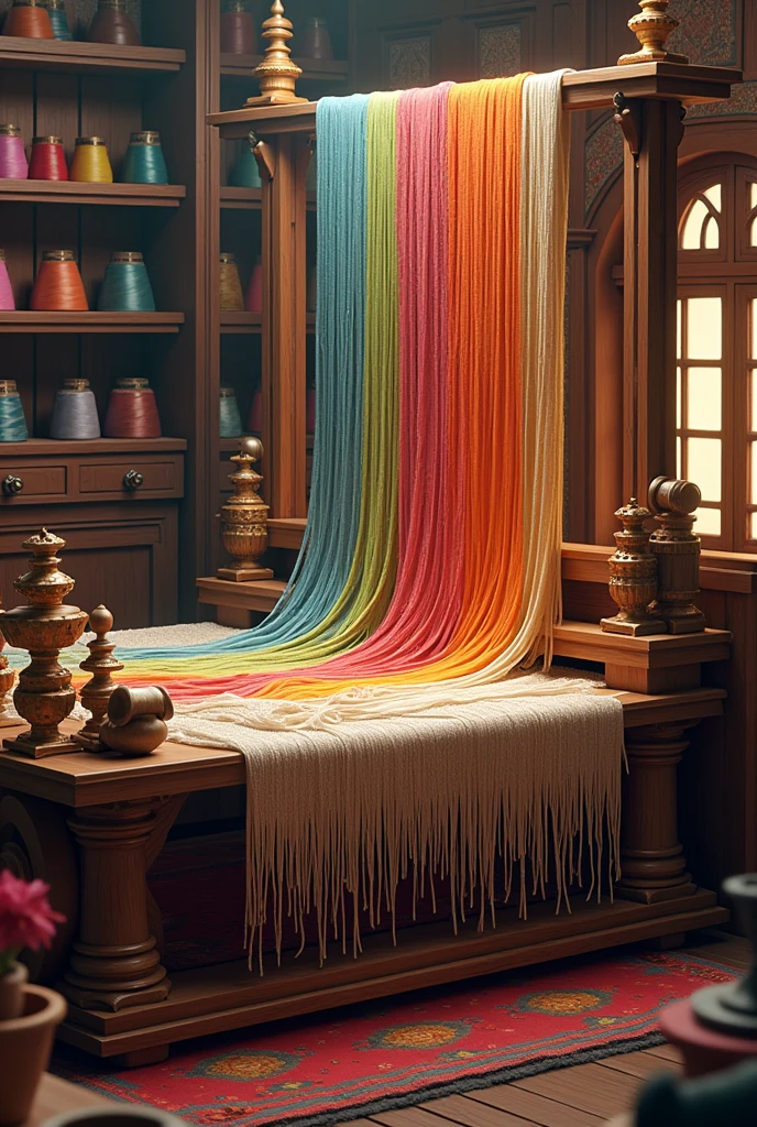 Stable Diffusion Prompt: Illustration of a loom weaving colorful threads into fabric