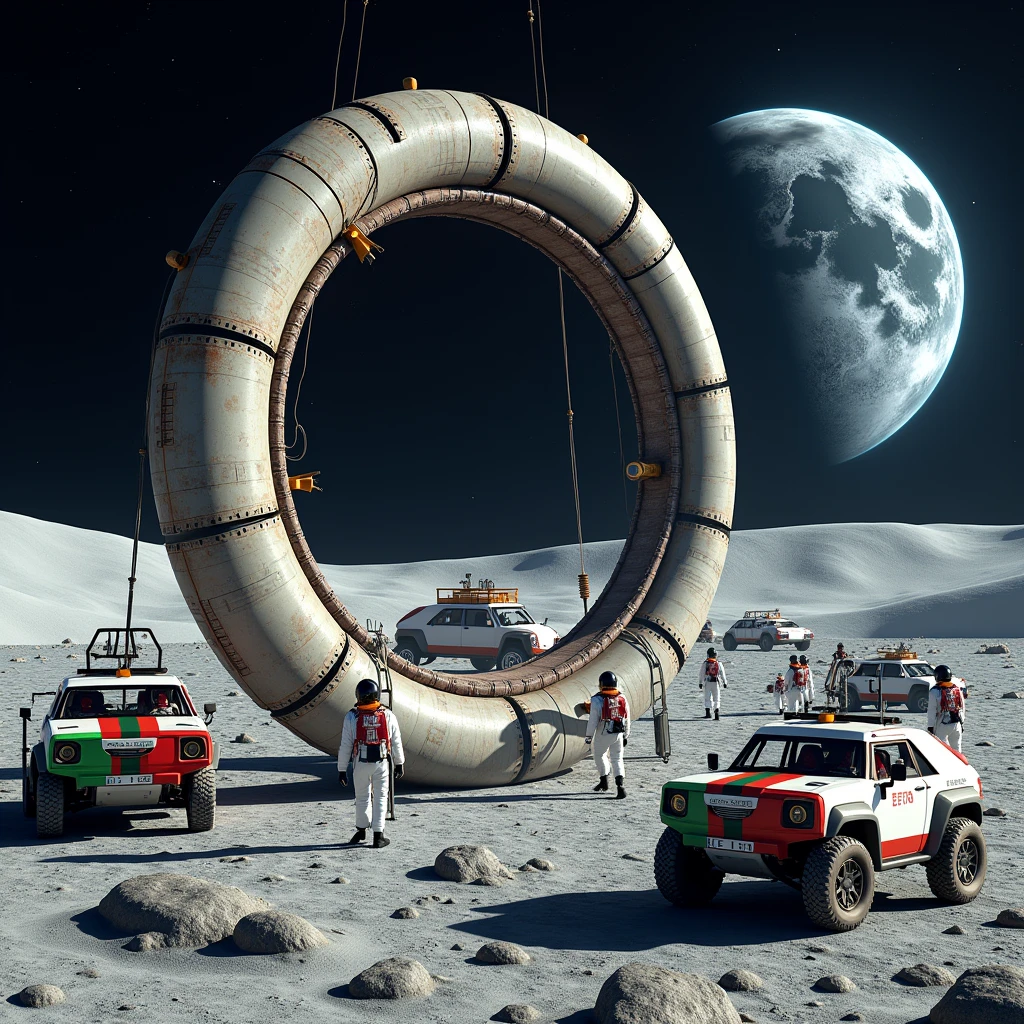 Stable Diffusion Prompt: Portuguese lunar base camp with moon buggies ...