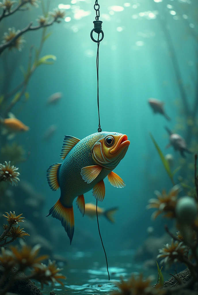 Stable Diffusion Prompt: Fish in water hooked on a hook