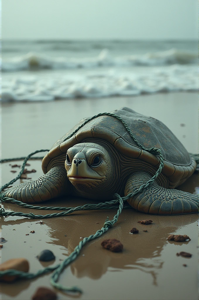 Stable Diffusion Prompt: Sea turtle trapped in fishnet on shore, a ...