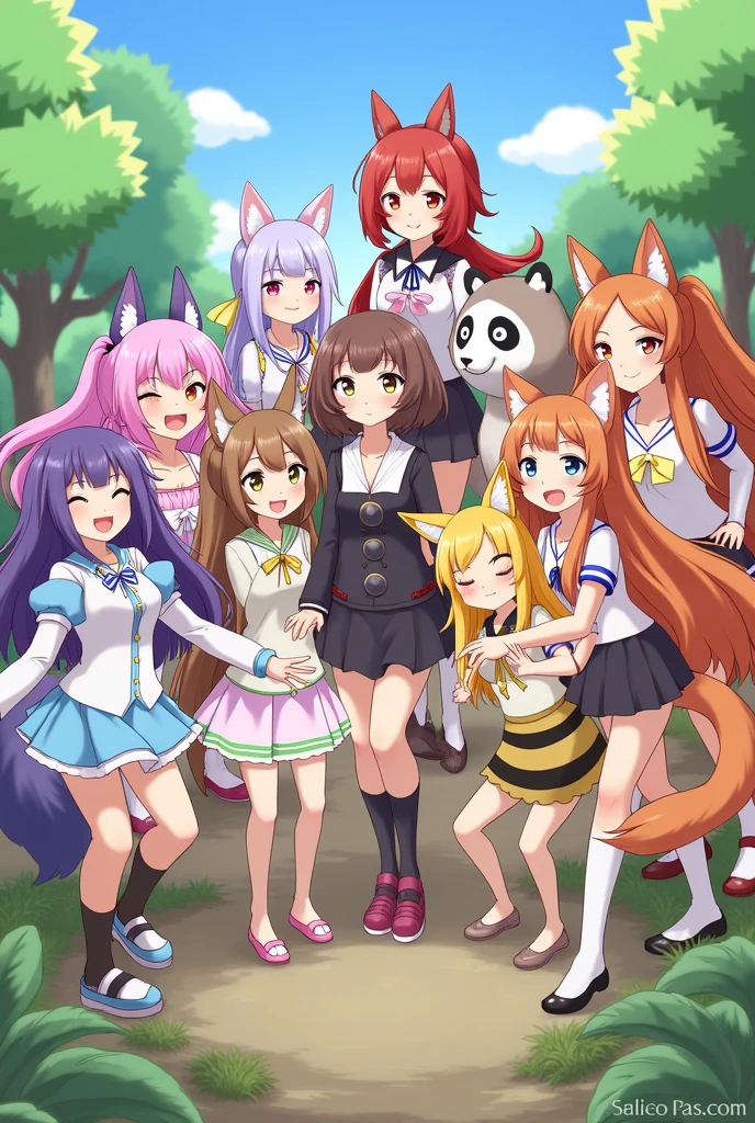 Stable Diffusion Prompt: Create a diverse group of 10 animal girls ...